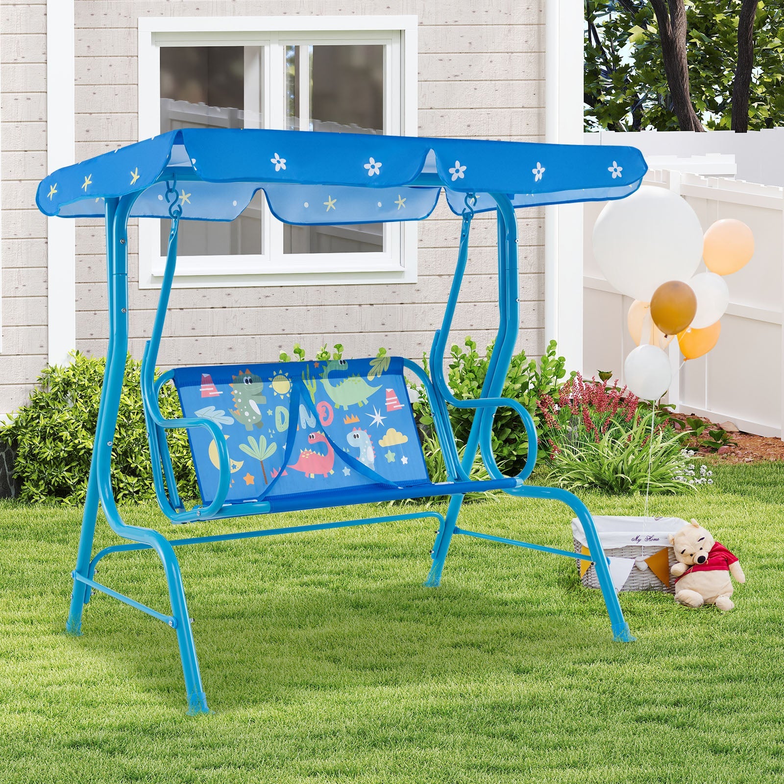 2-Seater Kids Patio Swing with Metal Stand and Adjustable Canopy-Bule ...