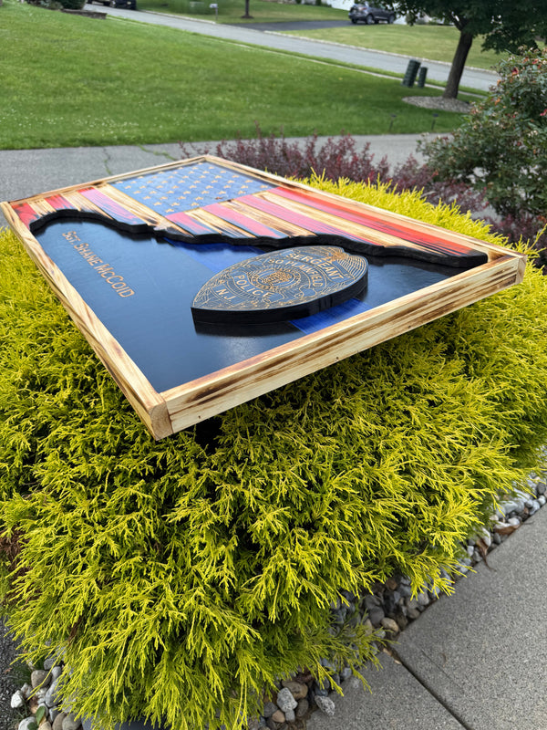 Custom Thin Line American Flag with Badge | 3D Carved First Responder ...