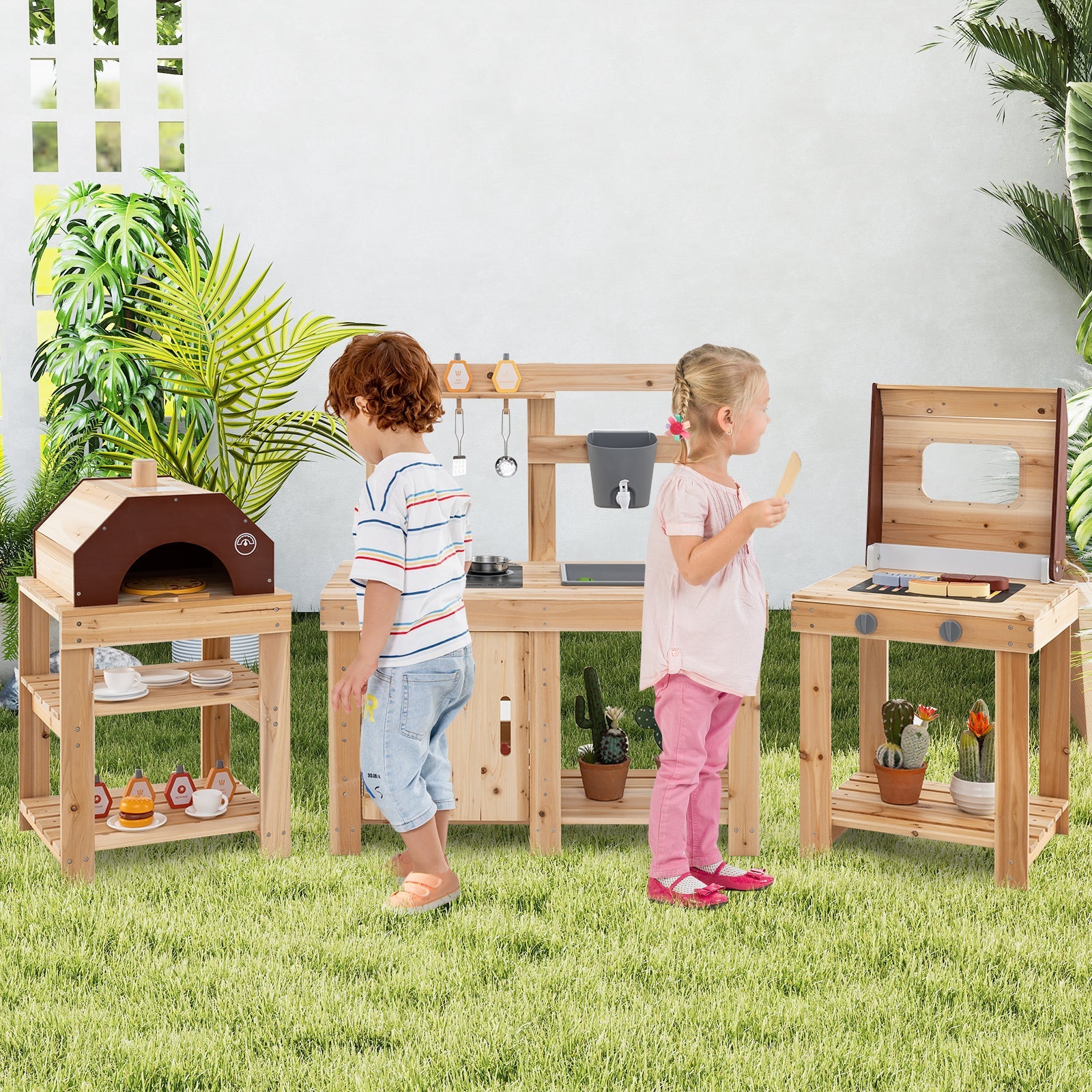 3-Piece Outdoor Kitchen Set Mud Kitchen with Separate BBQ Grill and Pi ...
