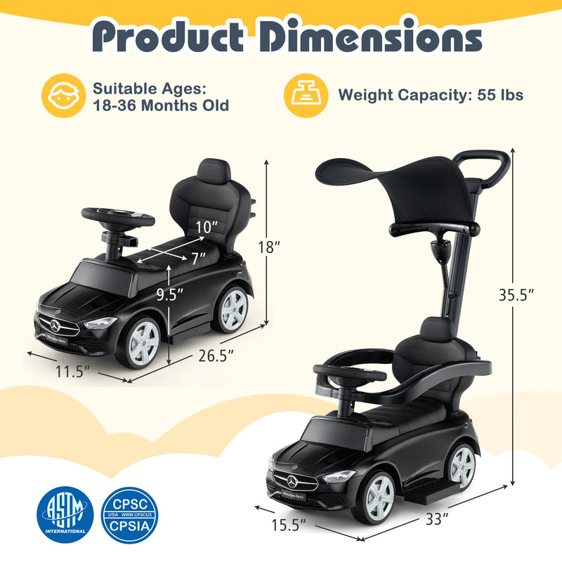 3-in-1 Ride on Push Car Mercedes-Benz Licensed Sliding Car with Canopy ...