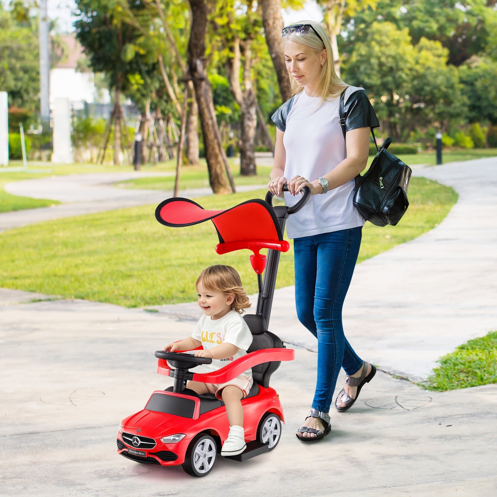 3-in-1 Ride on Push Car Mercedes-Benz Licensed Sliding Car with Canopy ...