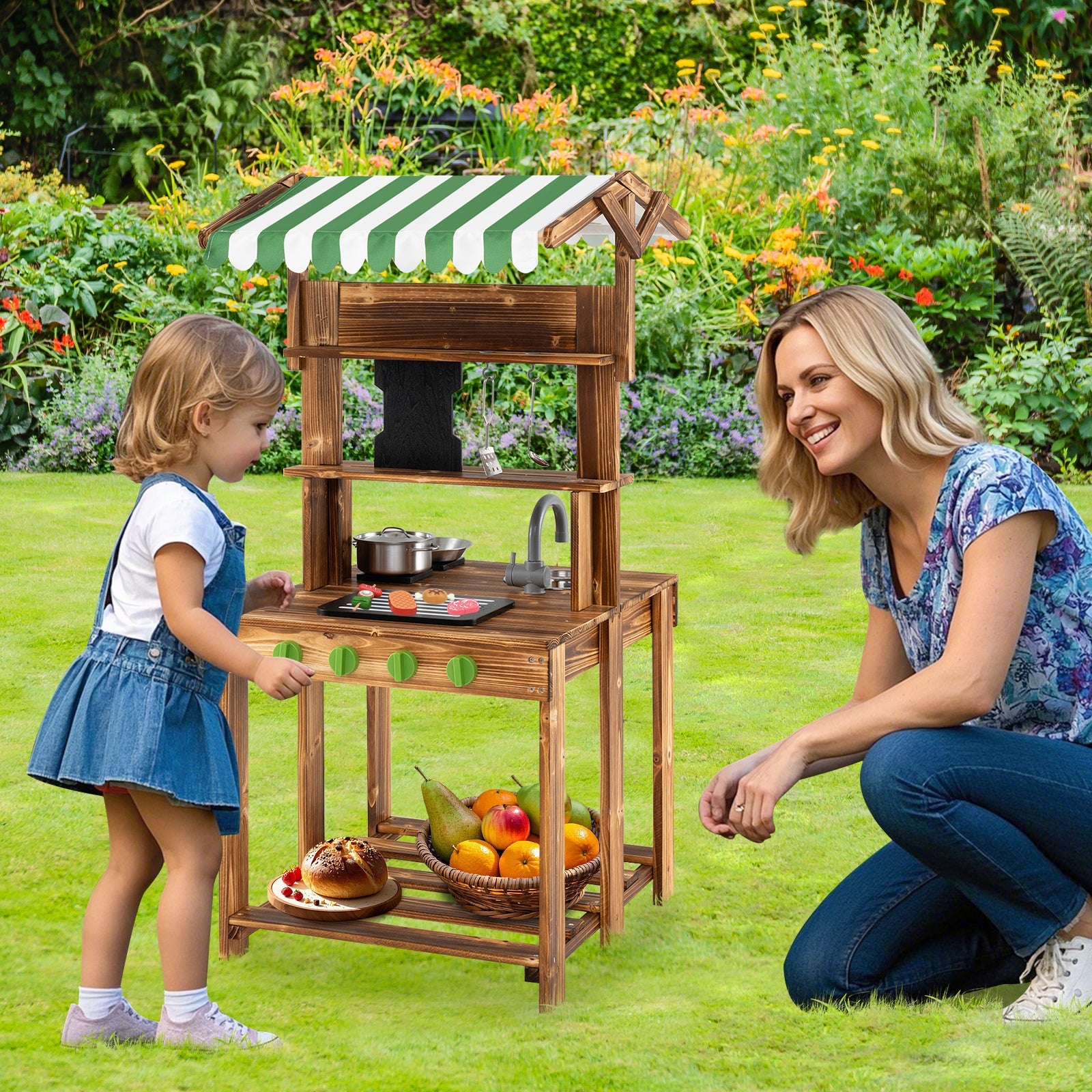 Double-Sided Mud Kitchen with Canopy and Chalkboard for 3+ Years Old-N ...