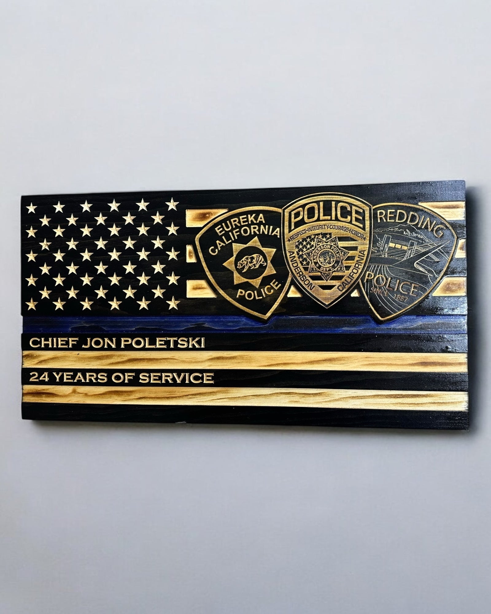 Custom Thin Blue Line Flag with Engraved Badges and Personalized Detai ...