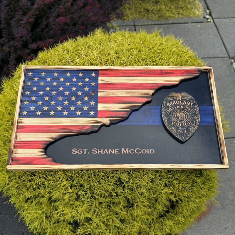 Custom Thin Line American Flag with Badge | 3D Carved First Responder ...