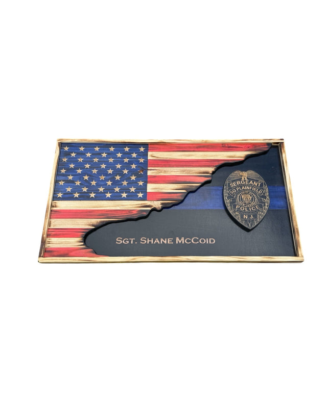 Custom Thin Line American Flag with Badge | 3D Carved First Responder ...