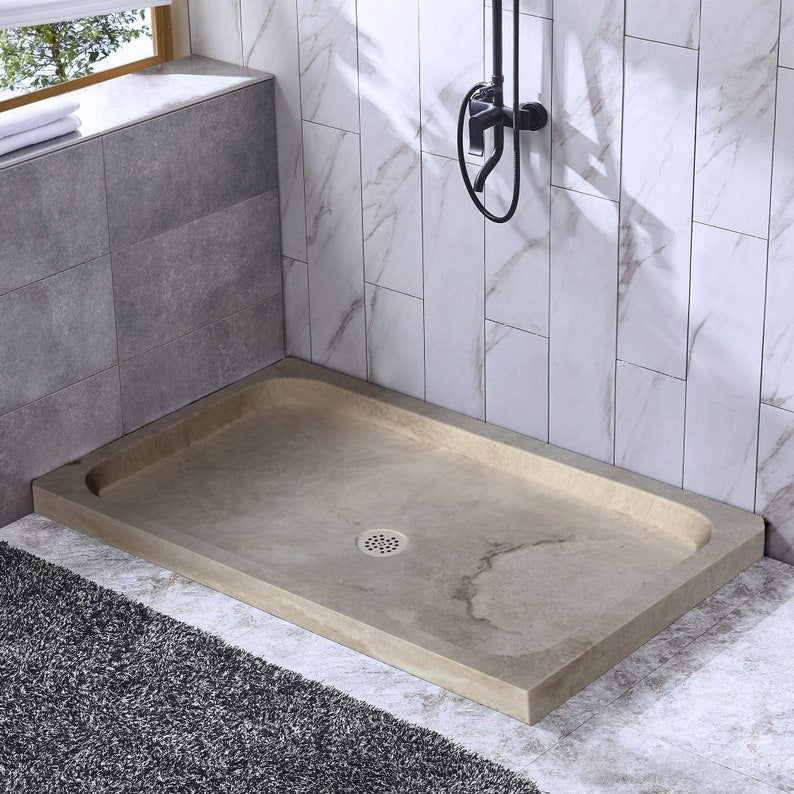 Troia Light Travertine Rectangular Shower Base Hand-carved from Solid ...