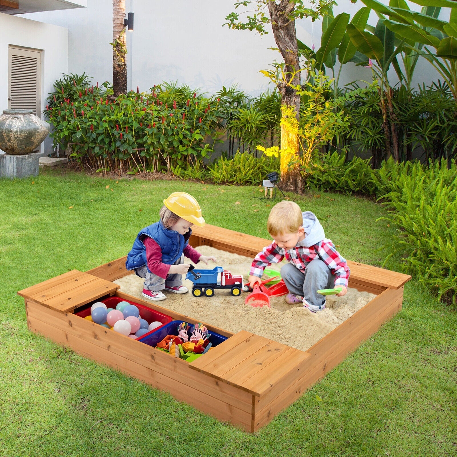 Kids Wooden Sandbox with Bench Seats and Storage Boxes – Perfect Stock