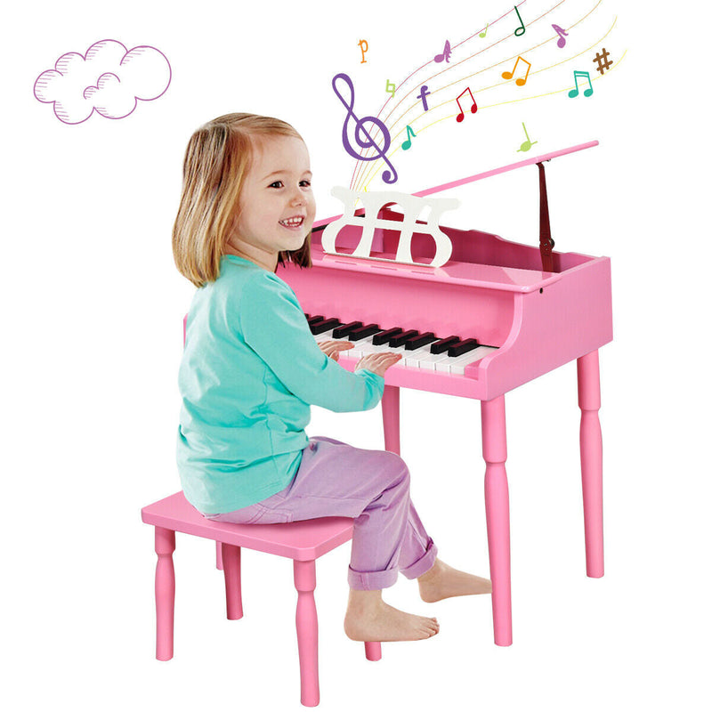 30-Key Wood Toy Kids Grand Piano with Bench & Music Rack-Pink – Perfect ...